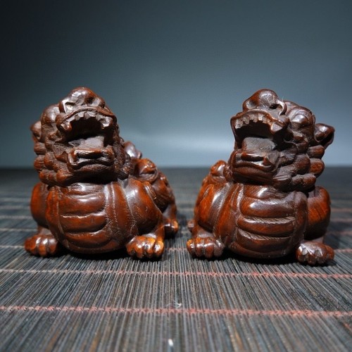 2pcs Old Artifacts Exquisite Boxwood Carving Pixiu Statue Art Ornaments ...