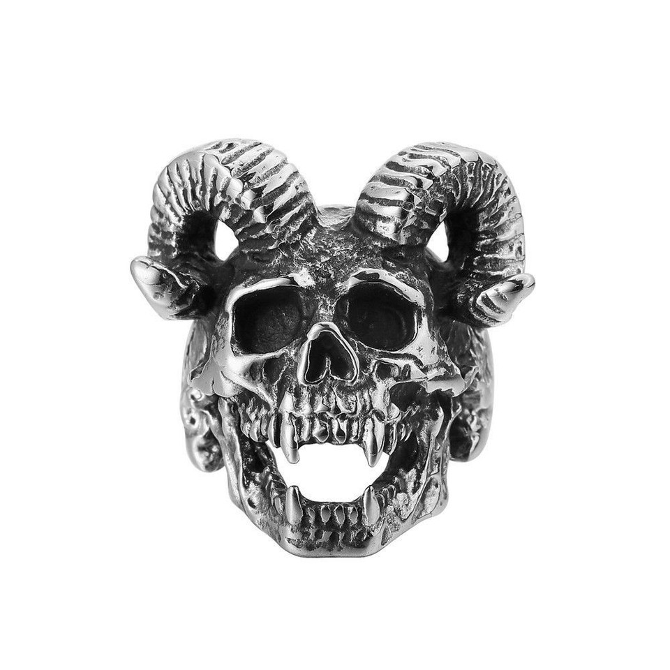 Men Women Satan Goat Horn Skull Ring Stainless Steel Punk Cocktail ...