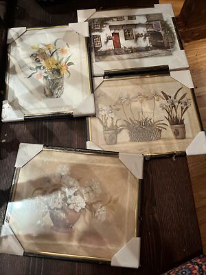 Pair Mylar Gold Framed modern Framed art prints 8” X 10” Floral ...