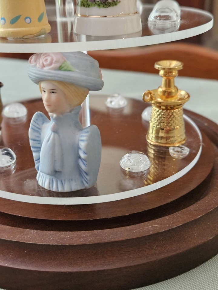 14 Thimbles with Glass Dome Display Case Plastic Tiers Wooden Base ...