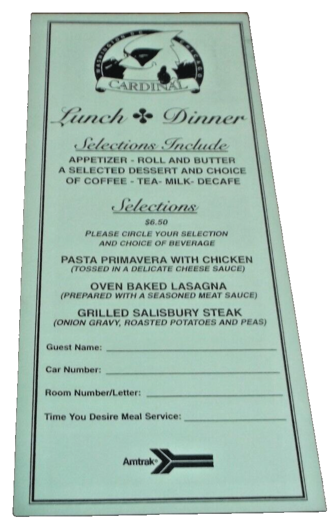 AMTRAK CARDINAL LUNCH AND DINNER MENU REQUEST FORM | eBay