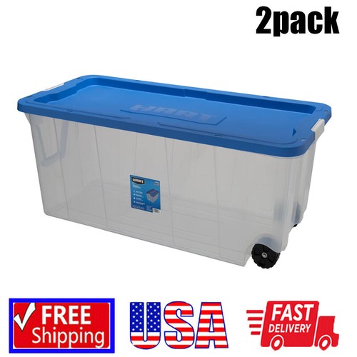 2 Pack Tote Storage Bin 200 Quart Clear Stackable Latching Rolling w ...