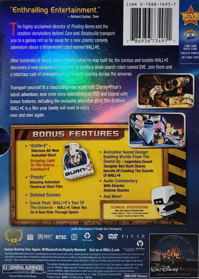 Disney Pixar WALL E (Single-Disc Edition) - DVD - LIKE NEW 786936734911 ...