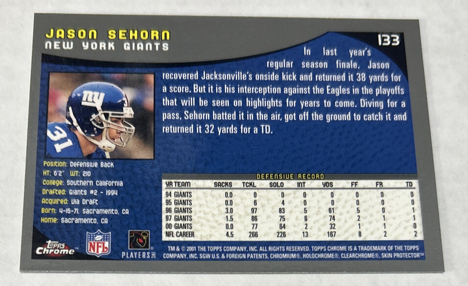 2001 Topps Chrome Football Card #133 Jason Sehorn | eBay