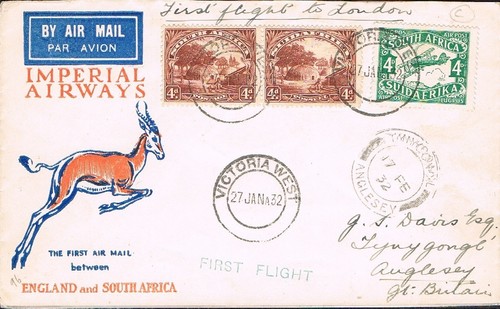 south africa 1932 victoria west - anglesey wales first flight cover | eBay