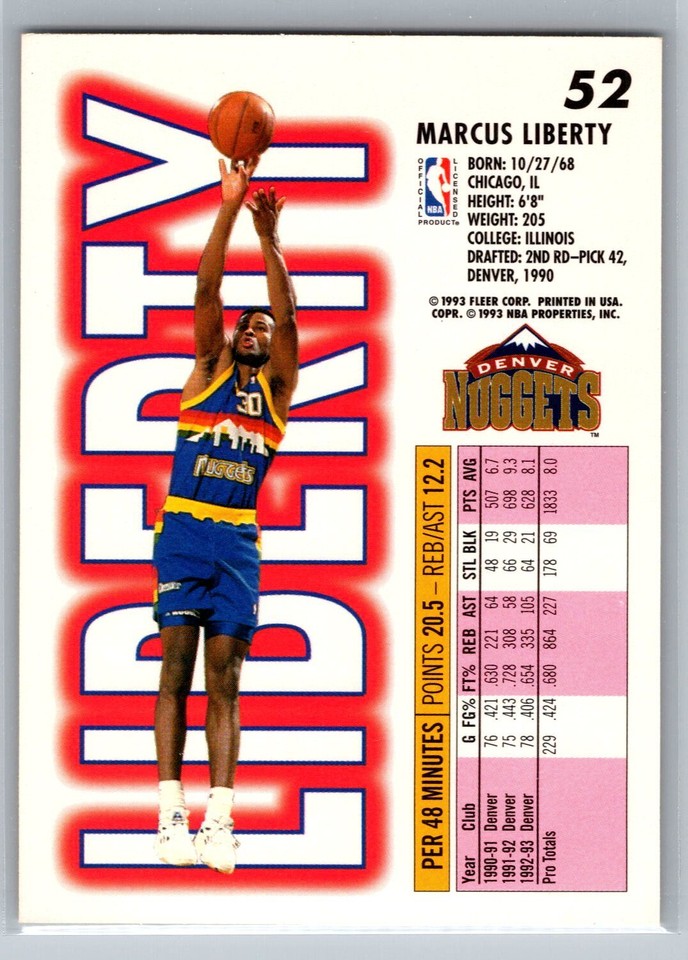 Marcus Liberty 1993-94 Fleer BASKETBALL #52 Denver Nuggets | eBay