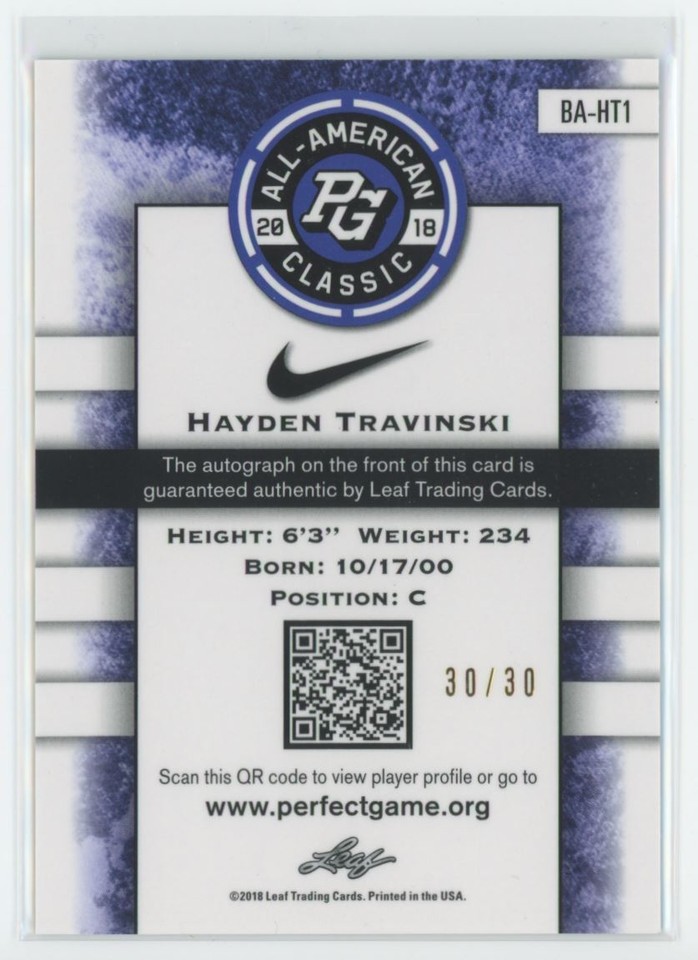 2018 Leaf Metal Perfect Game All-American PG Etch Blue Hayden Travinski ...