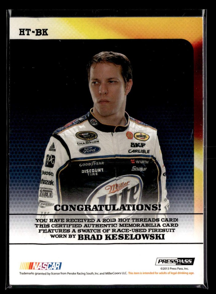 2013 Press Pass #HT-BK Brad Keselowski Hot Threads Patch NASCAR Mint+ ...