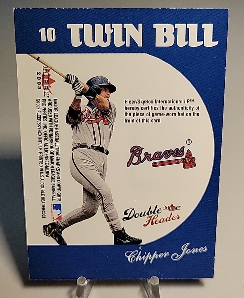 2003 FLEER DOUBLE HEADER ROBERTO ALOMAR/CHIPPER JONES GAME WORN HAT ...