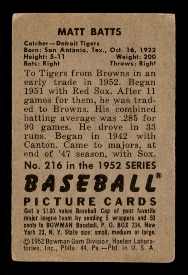 1952 Bowman Baseball #216 Matt Batts GD *g1 | eBay