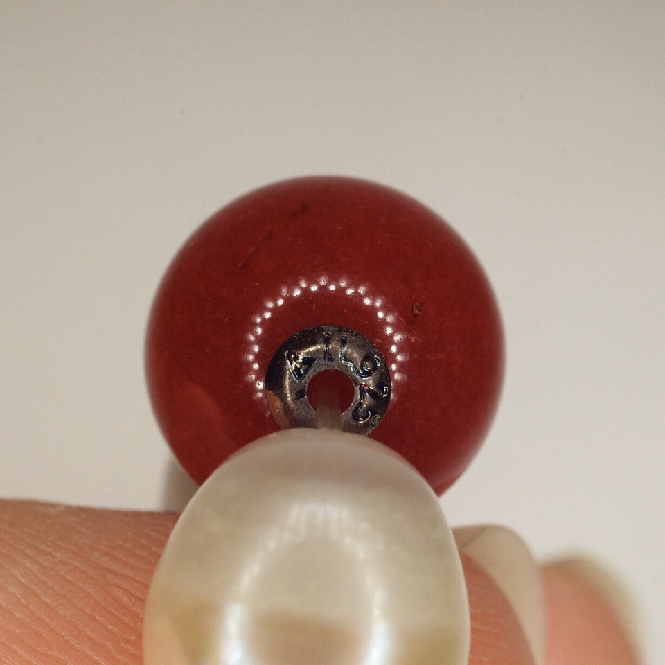 White Barrel Pearl Red Dyed Nephrite Bead Stretch Bracelet W/ Sterling ...