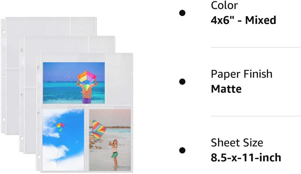 Photo Sleeves for 3-Ring Binder, Album Refill Pages(4x6 Mixed Format ...