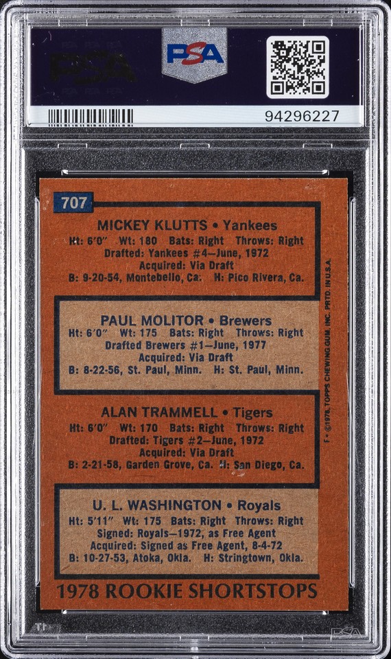 1978 TOPPS #707 ROOKIE SHORTSTOPS MOLITOR/TRAMMELL/WASHINGTON/KLUTTS RC ...