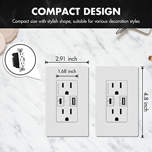 USB C Outlet PD Wall Outlet 15Amp 24W with Power Delivery, Receptacle ...