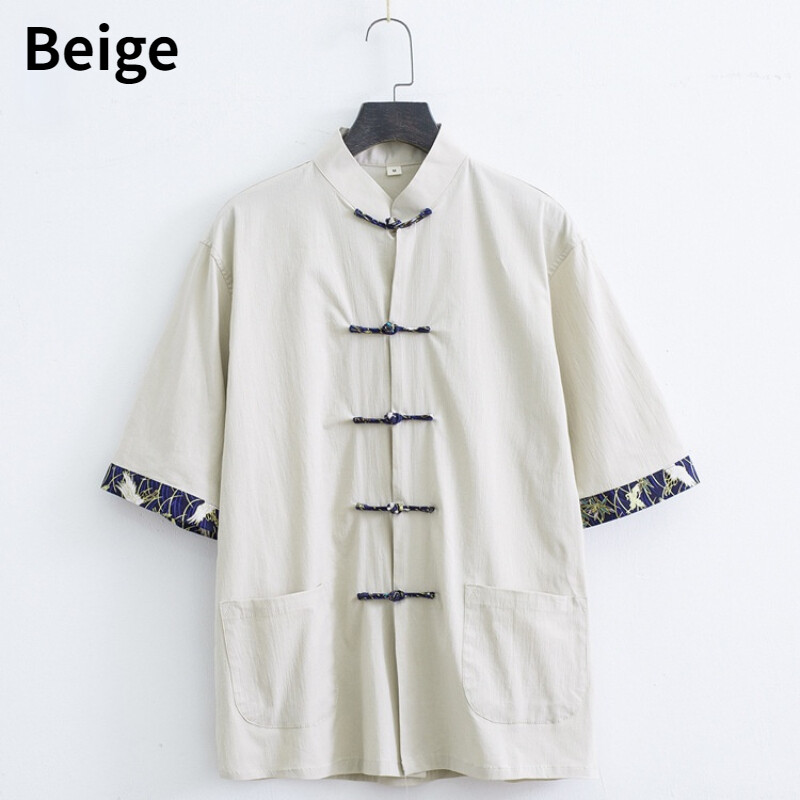 Men Tang Suit Shirt Chinese Kung Fu Tai Chi Short Sleeve Frog Button ...