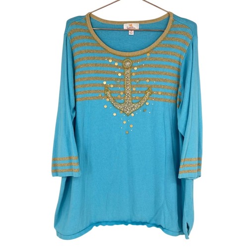 Quacker Factory Sweater Womens 3X Nautical Anchor Bead Pailette Aqua ...