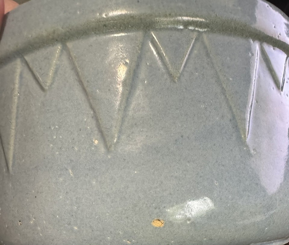 RUCKELS WHITE HALL ILL 7.5" BLUE CROCK POTTERY SAWTOOTH STONEWARE BOWL ...