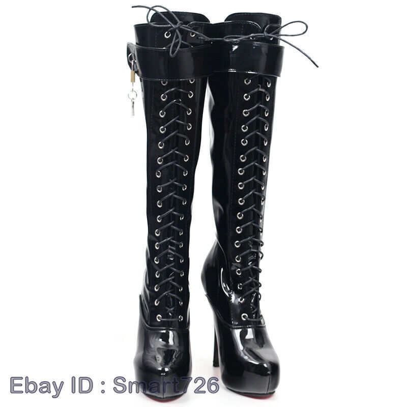 Womens 15cm High Heel Patent Leather Lace Up Lockable Platform Boots ...
