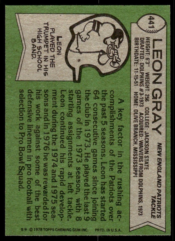 1978 TOPPS LEON GRAY B NEW ENGLAND PATRIOTS #441 | eBay