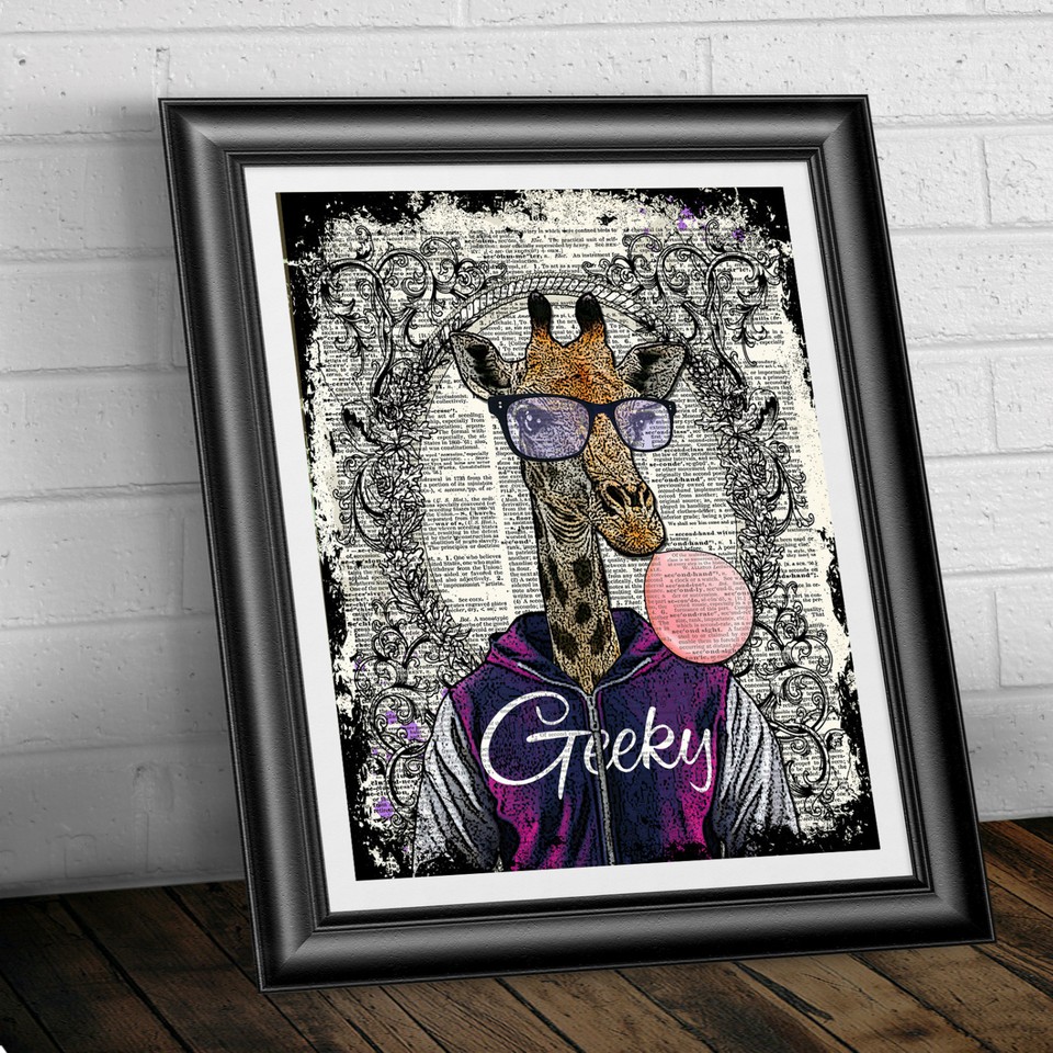 ART PRINT ON ORIGINAL ANTIQUE BOOK PAGE Geeky Giraffe Hipster Animal ...