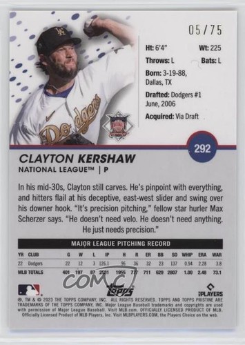 2023 Topps Pristine - Blue Refractor #292 Clayton Kershaw /75 for sale online | eBay