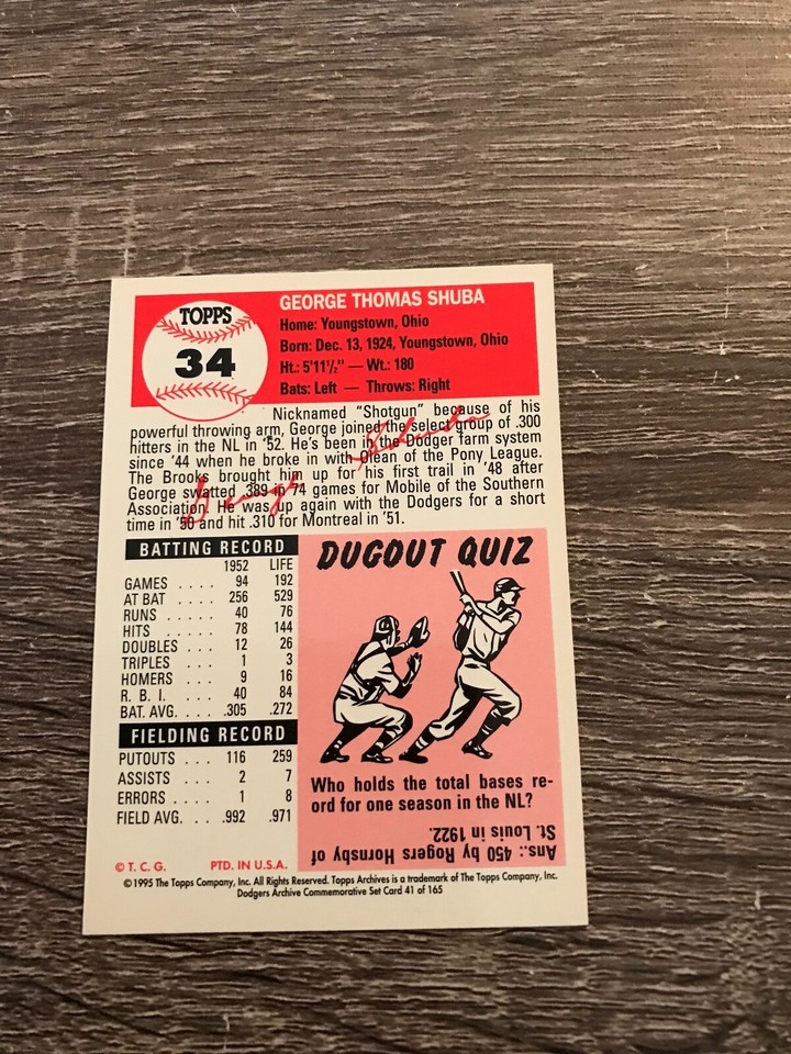1953 Topps Archives / Reprint #34 George Shuba Dodgers MINT | eBay