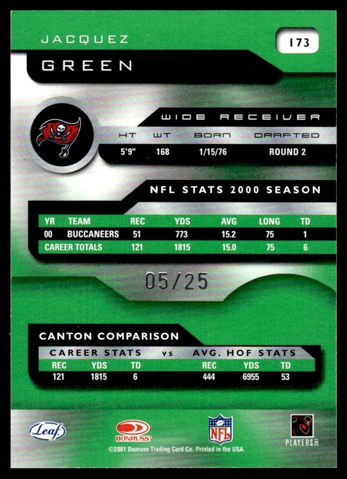 2001 Quantum Leaf Infinity Green Jacquez Green 05/25 Buccaneers #173 ...