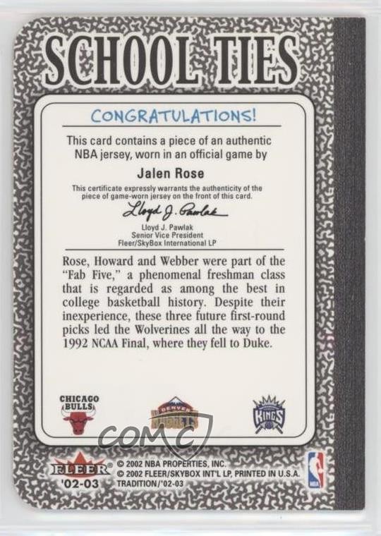 2002-03 Fleer Tradition School Ties Memorabilia Jalen Rose Juwan Howard ...