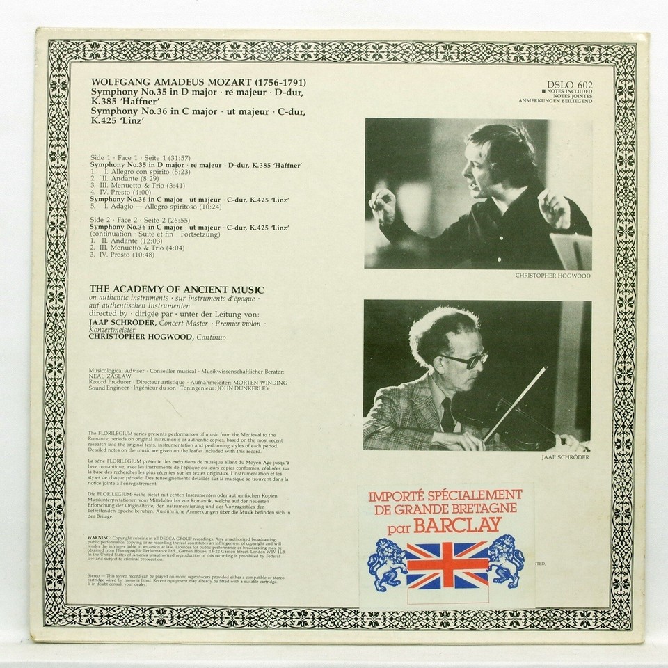 HOGWOOD, JAAP SCHRODER - MOZART symphonies nos.35 & 36 L'OISEAU-LYRE LP ...