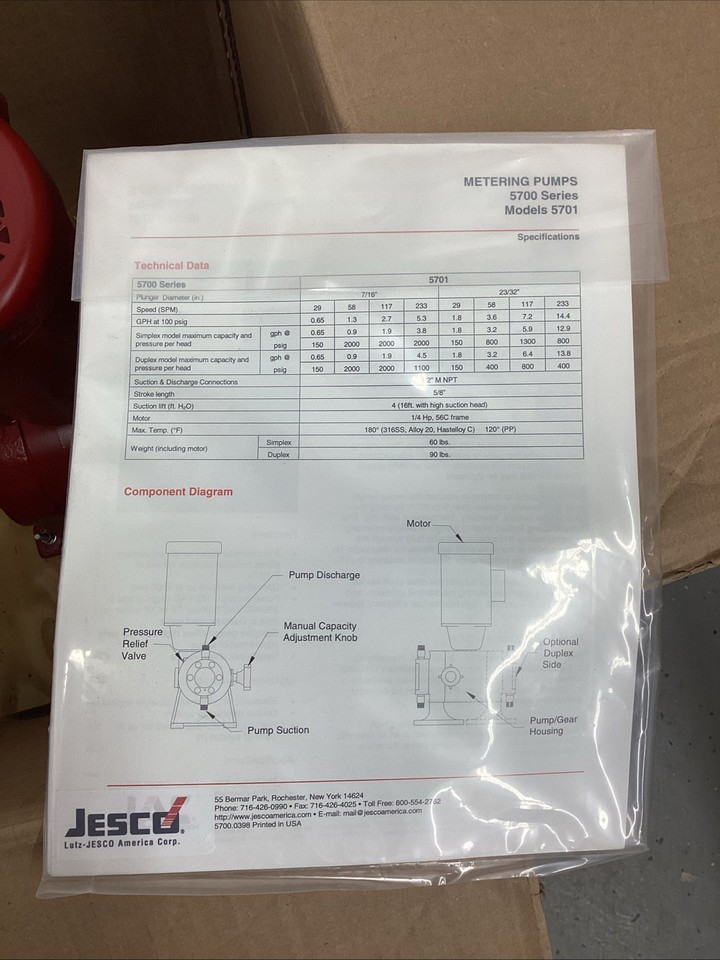 Lutz-Jesco 5701 Metering Pump 5.9GPH@1300PSI 1/4HP 115/230V 1PH NIB | eBay