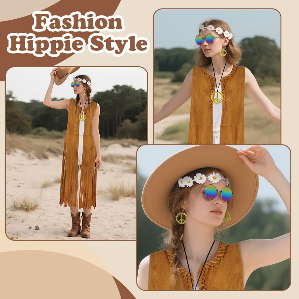 6 Pezzi Costume Hippie Donna Anni 70, Costume Hippie Donna Anni 60 Anni ...