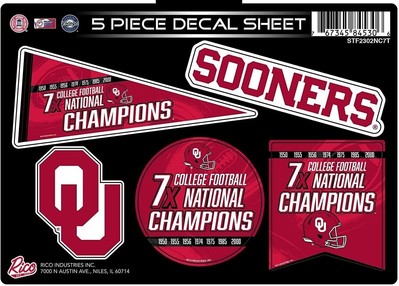 Oklahoma Sooners Decal Sticker Sheet 7X Time Champions 5 Piece Multi ...