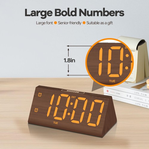 Wooden Digital Alarm Clocks for Bedrooms, Large Bold Digits Desk Clock ...