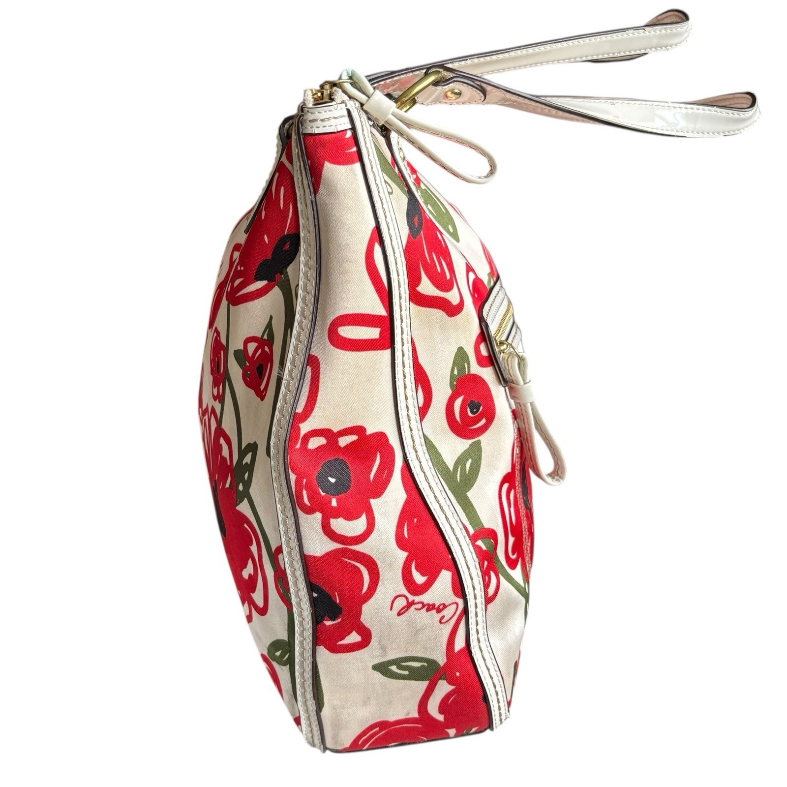 Coach Poppy Red Floral Canvas Tote Shoulder Bag Purse Crossbody East ...