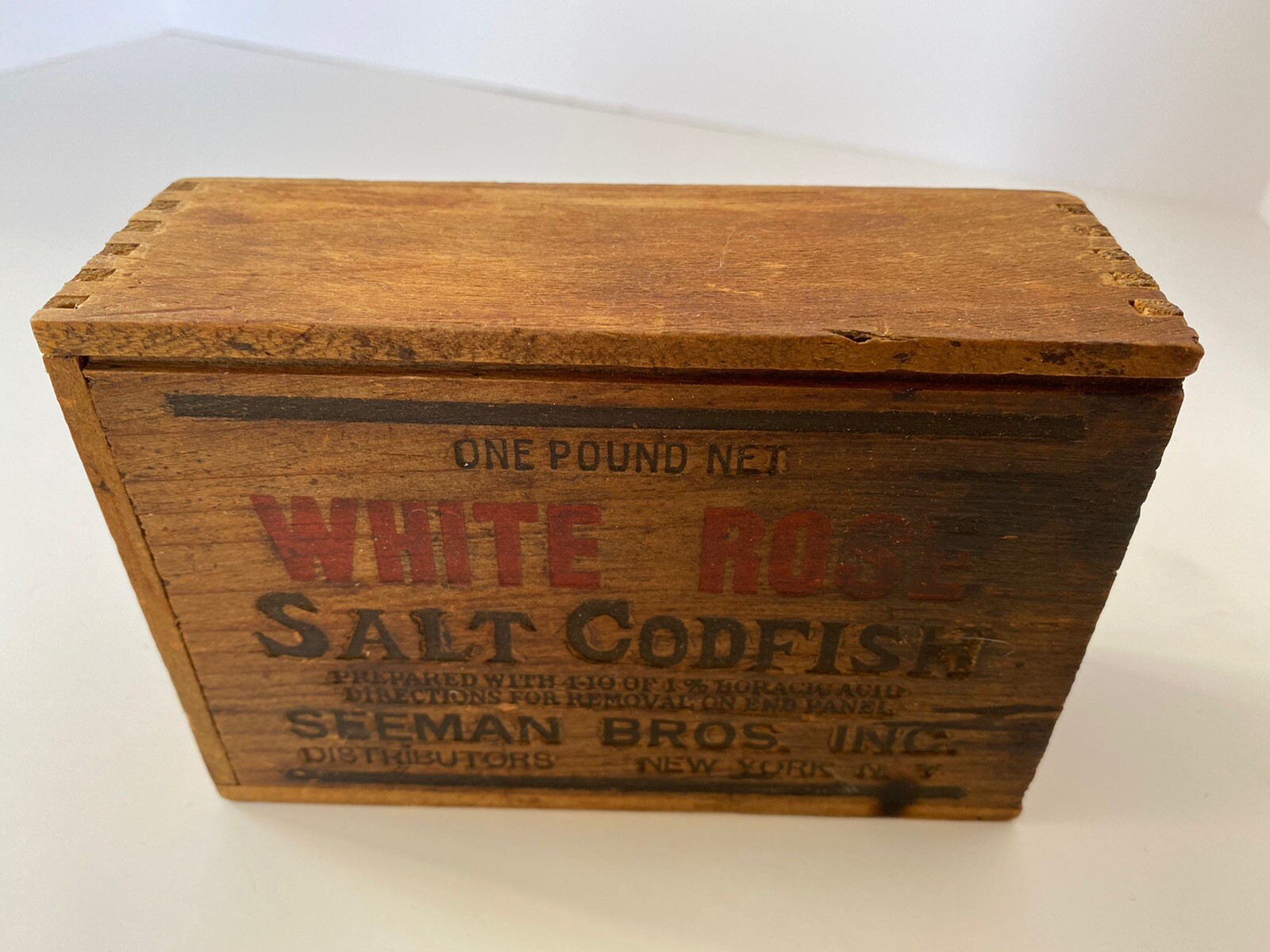 Vintage White Rose Salt Codfish empty Wood Slide Box ~ Seeman Bros. New ...