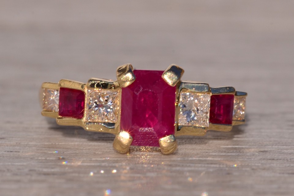 Emerald Cut Ruby and Natural Diamond Ring in Yellow Gold | eBay