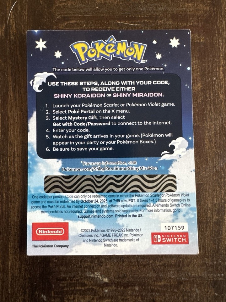 Pokemon Scarlet And Violet Serial Codes Shiny Koraidon or Miraidon ...