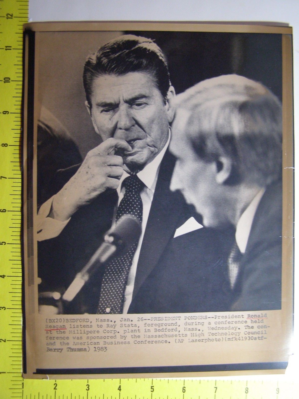 AP Wire Press Photo President Reagan & Ray Stata @ Millipore Corp Plant ...