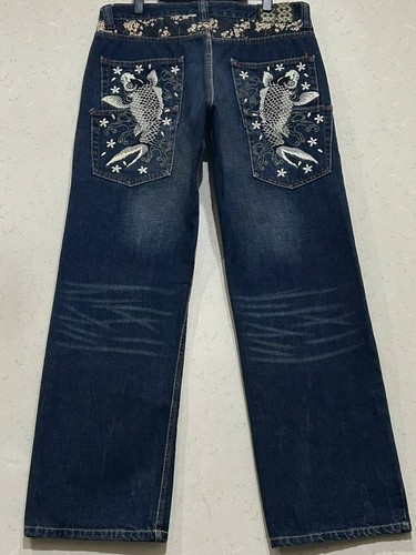 INFINITY Men's Denim Jeans Pants Carp Koi Fish Embroidered Blue Size 38 ...