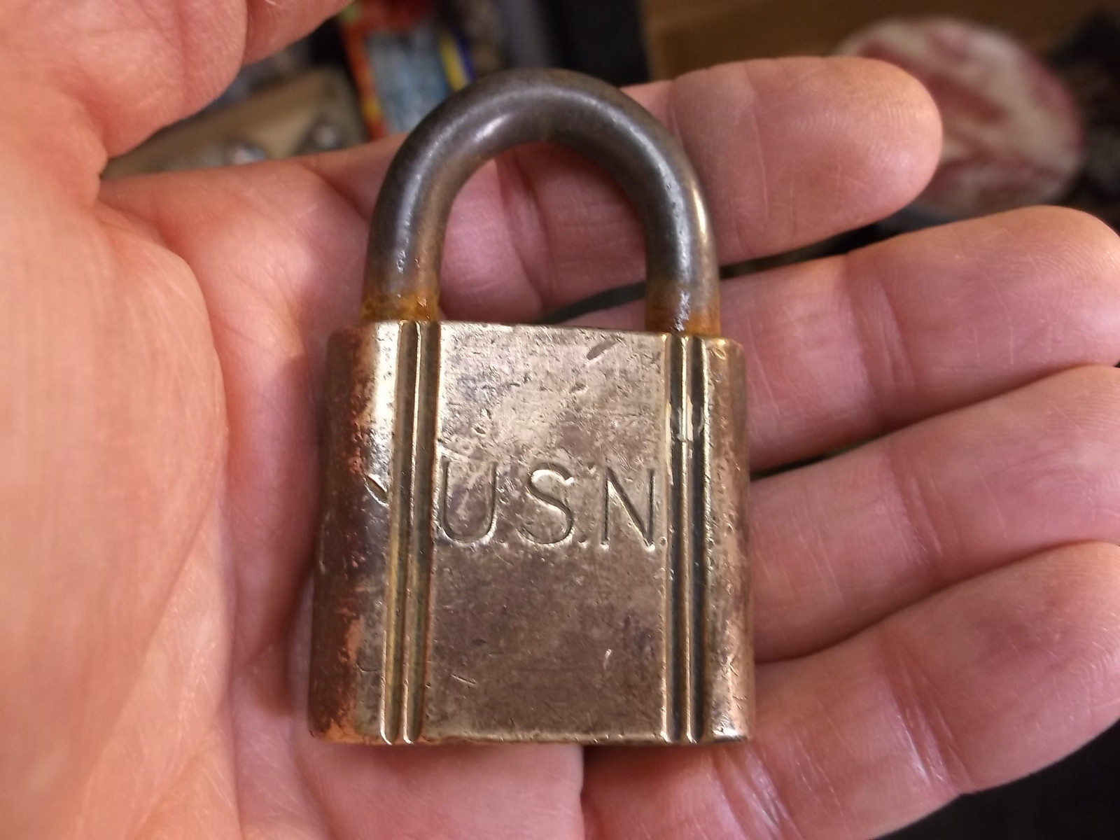 #2 of 5, NEAT OLD VINTAGE "USN" PADLOCK/LOCK "US NAVY" BRASS YALE Y&T ...