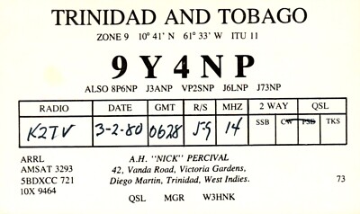 Diego Martin Trinidad And Tobago West Indies 9Y4NP QSL Radio Postcard ...