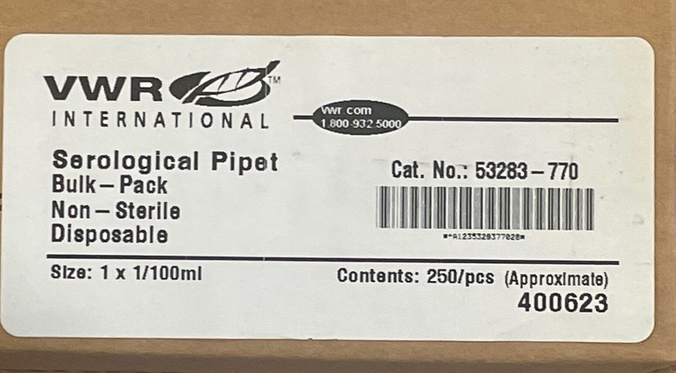 VWR Serological Pipets Borosilicate Glass1/100ml Non Sterile 250Pcs | eBay