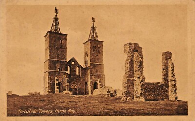 HERNE BAY KENT ENGLAND~RECULVER TOWERS~WOOLSTONE BROMO PHOTO POSTCARD ...