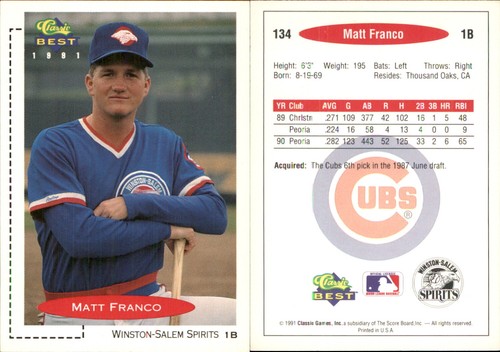 Matt Franco 1991 Classic Best #134 RC Card FREE SHIP Winston-Salem ...