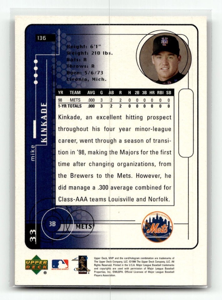 1999 Upper Deck MVP Baseball Card #136 Mike Kinkade New York Mets | eBay