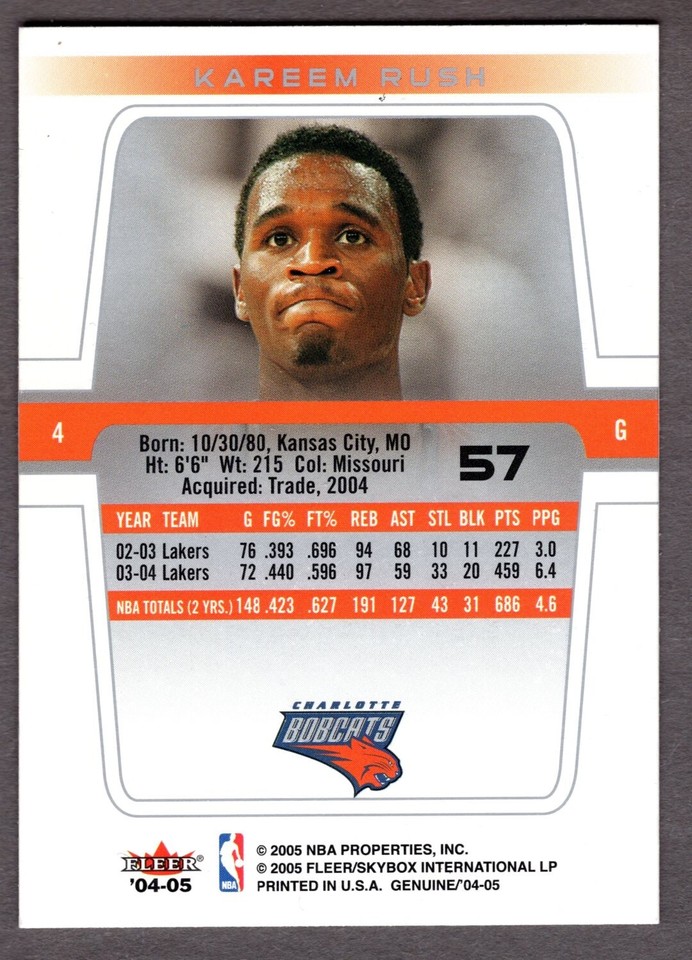 2004-05 FLEER GENUINE KAREEM RUSH CARD #57 **NM-MT** CHARLOTTE BOBCATS ...