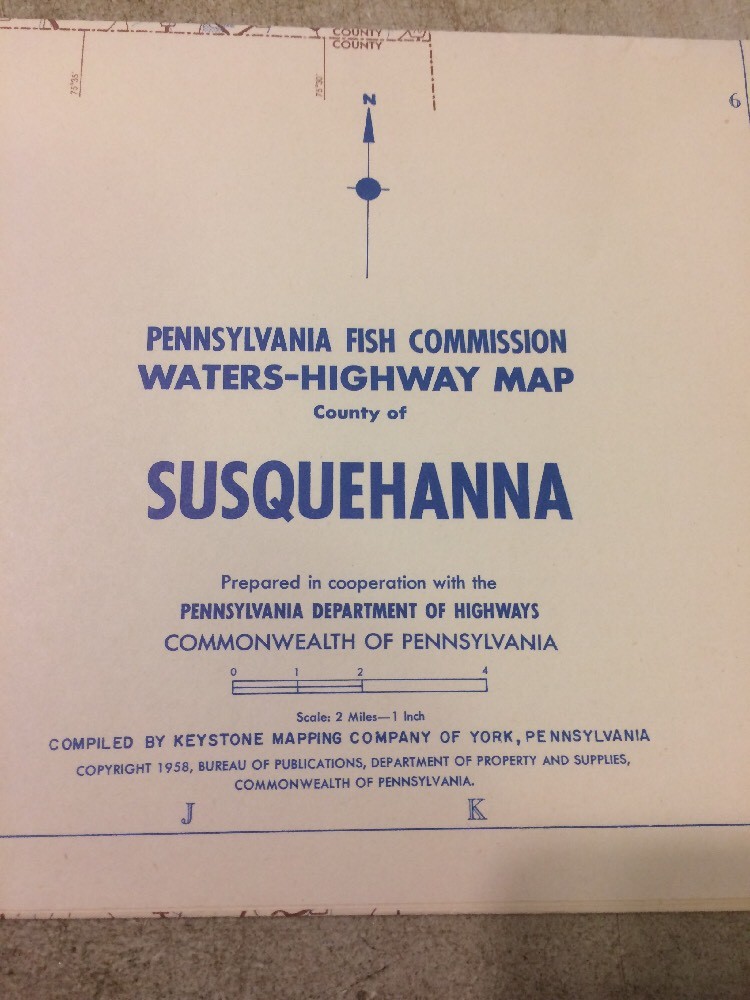 VINTAGE PENNSYLVANIA FISH COMMISSION MAP COUNTY OF SUSQUEHANNA 1958 | eBay