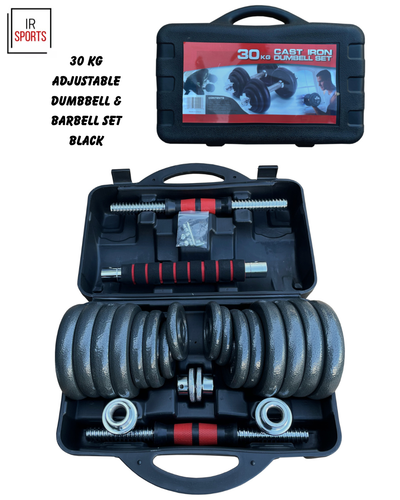Adjustable Cast Iron Dumbbell Barbell Set 30kg Black Carry Case Fitness ...