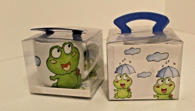 2-ADORABLE COLLECTIBLE FROG CUPS, WHITE WITH GREEN FROGS ALL AROUND, 3 ...