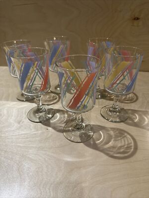 Vintage Rainbow pastel Color diagonal stripe Wine glass Barware 6 1980 ...